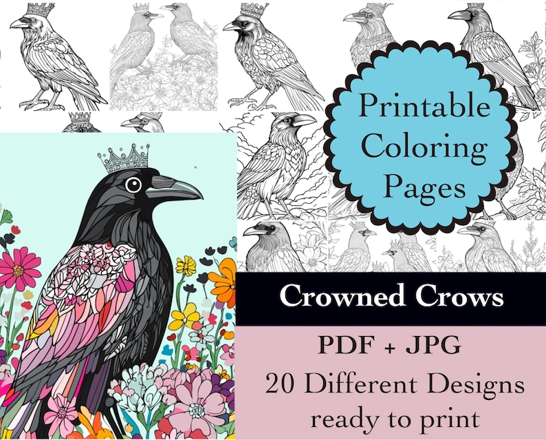 Crowned Crows Coloring Book 20 Birds Coloring Pages Instant Download ...