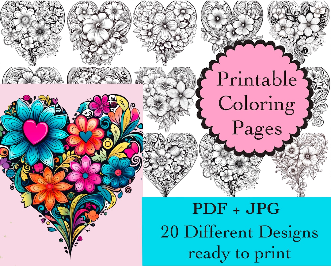 Heart Coloring Book 20 Heart Coloring Pages Instant Download Floral ...