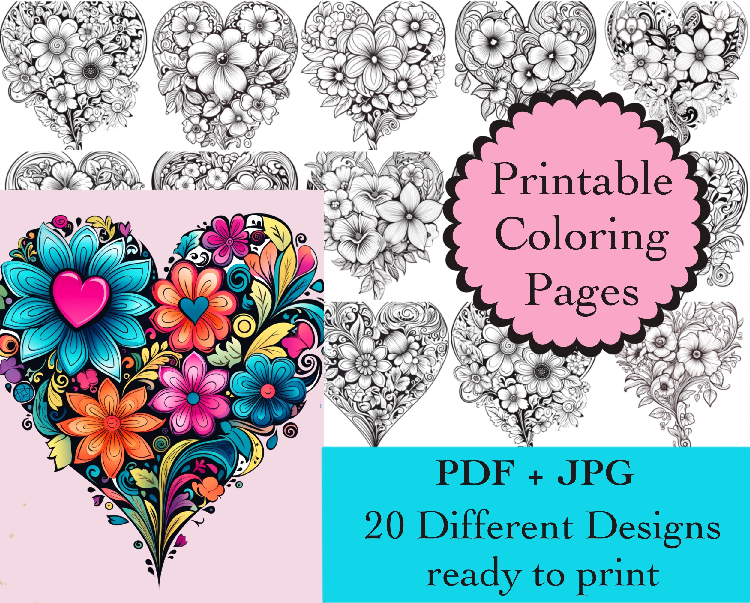 Heart Coloring Book 20 Heart Coloring Pages Instant Download Floral ...