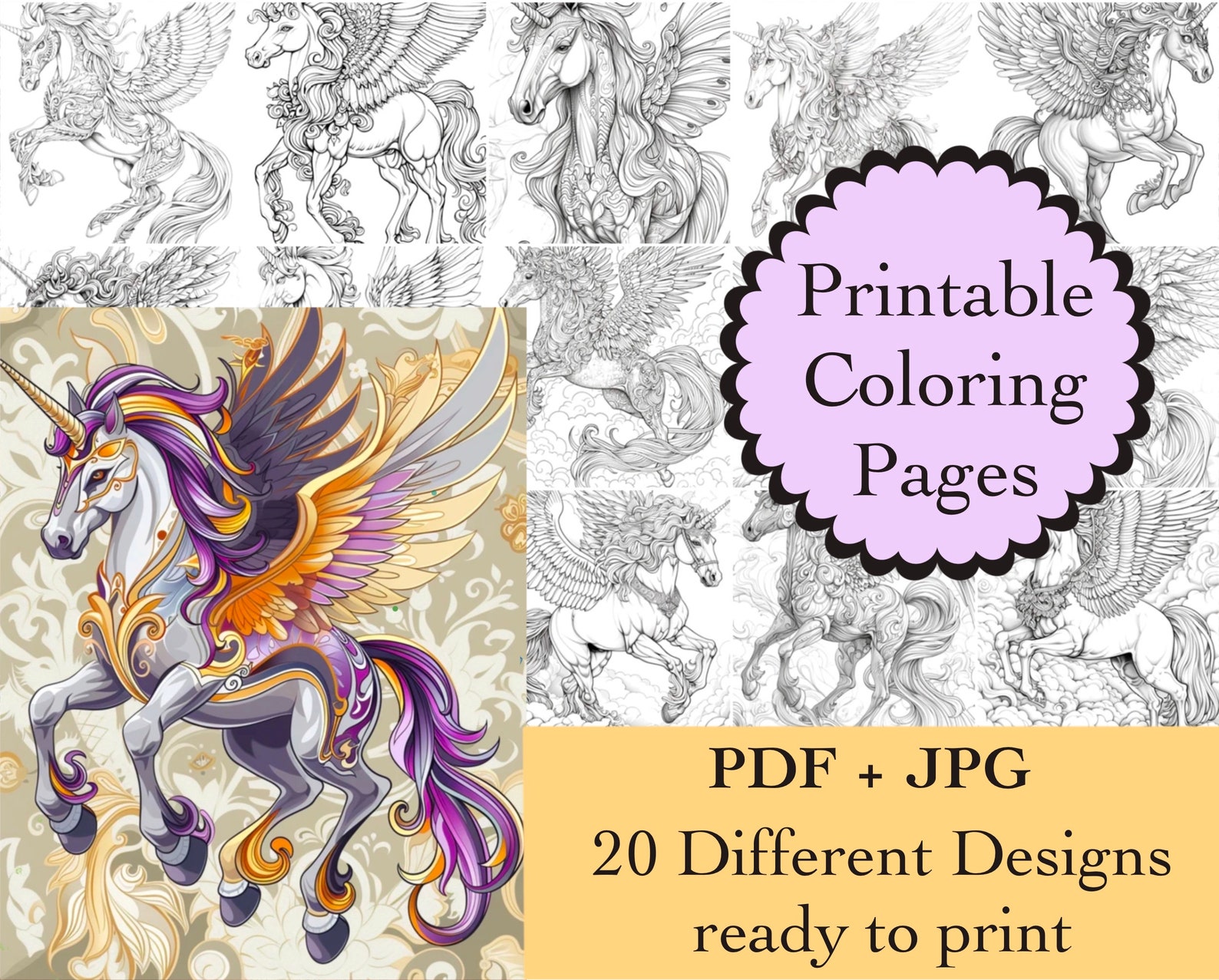 Pegasus Unicorn Coloring Book 20 Unicorn Coloring Pages Instant ...