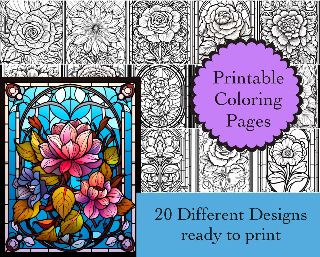 Flower Stained Glass 20 Coloring Pages Stained Glass Windows Instant ...