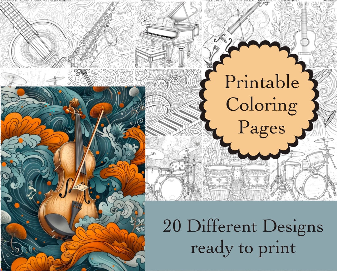 Musical Instrument Coloring Book: 20 Printable Music Art Pages (digital ...