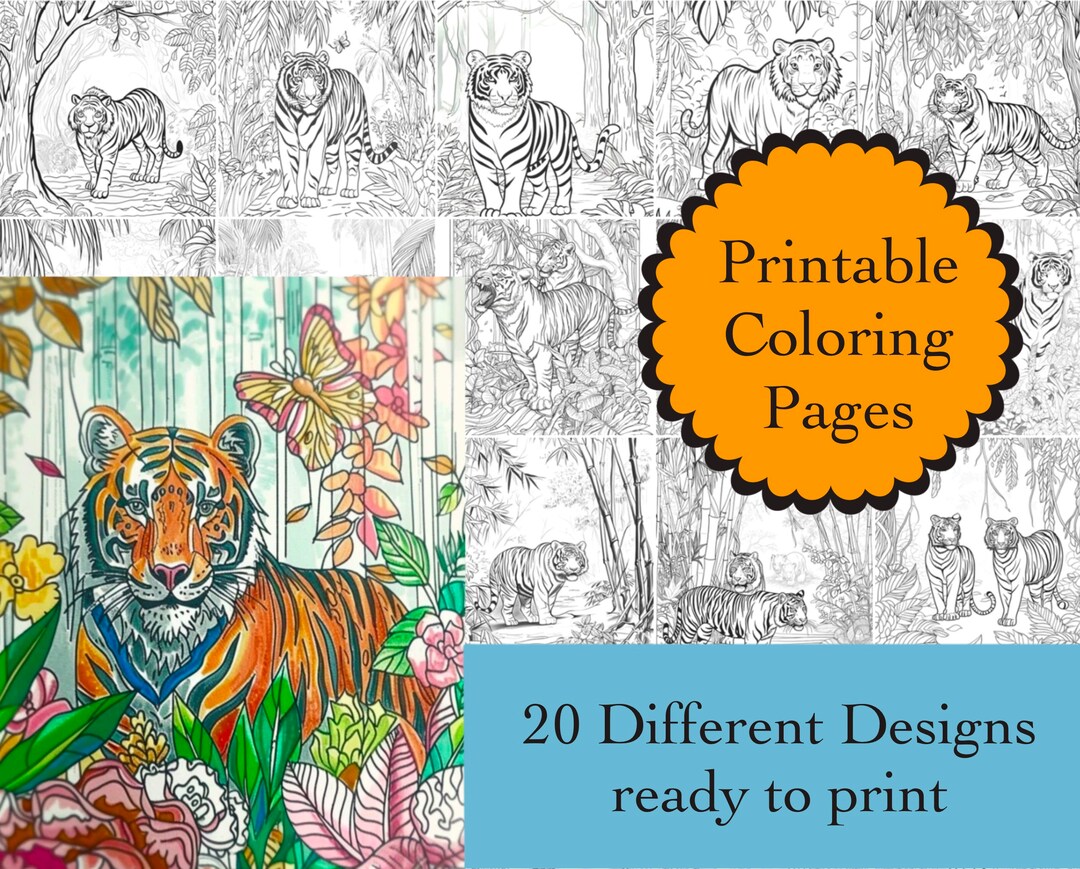 Tiger Coloring Book 20 Tiger Coloring Pages Instant Download Tiger ...