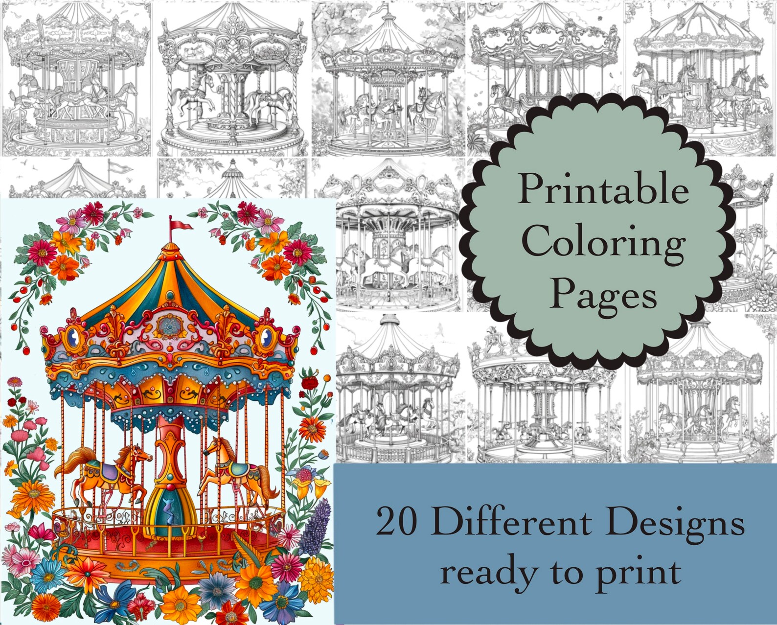 Carousel Coloring Book 20 Horse Carousel Coloring Pages Instant ...