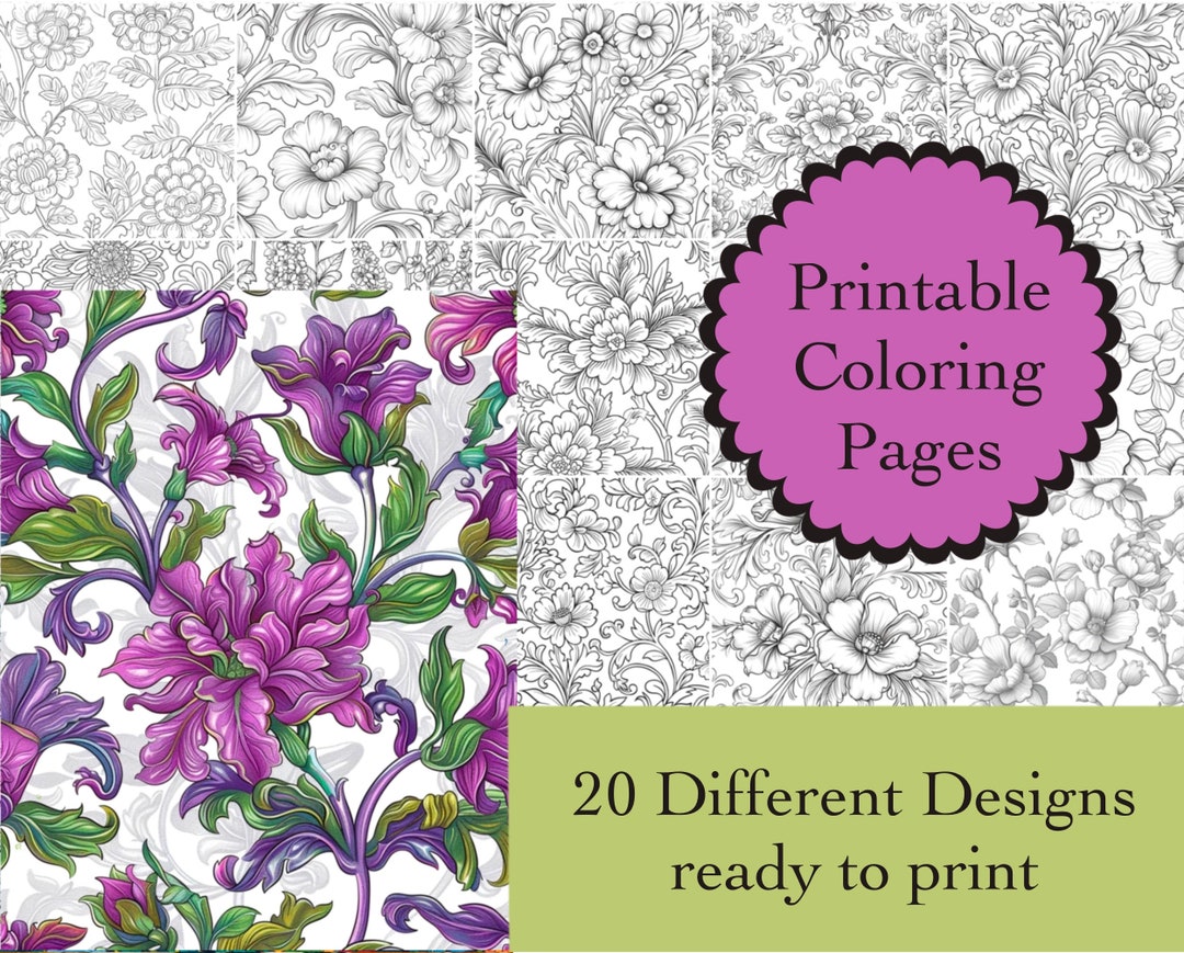 Flower Pattern Coloring Book 20 Flower Coloring Pages Instant Download ...