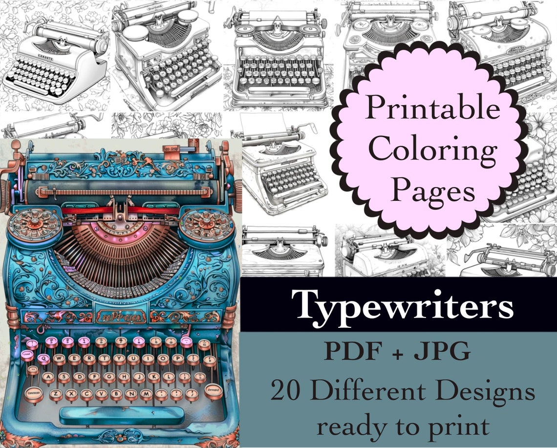 Typewriters Coloring Book 20 Vintage Coloring Pages Instant Download ...