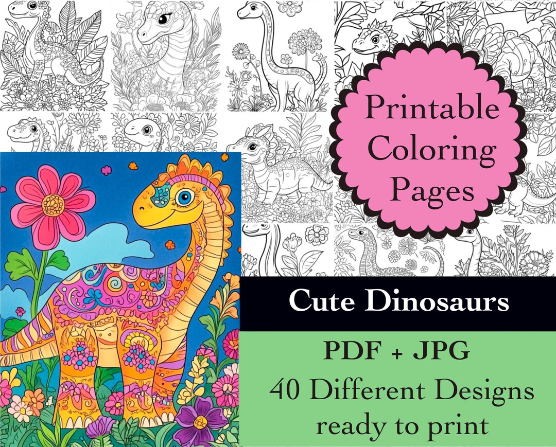 Cute Dinosaurs Coloring Book 40 Coloring Pages Instant Download Cute ...