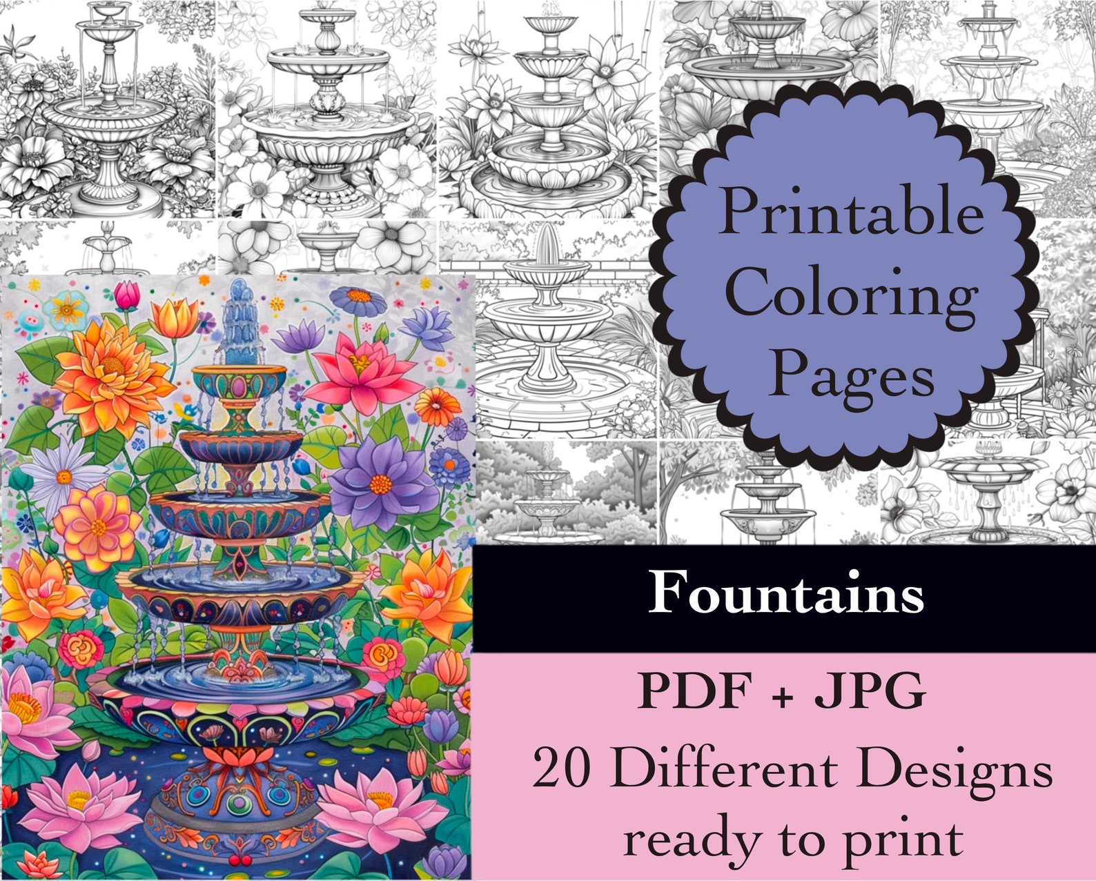 Fountains Coloring Book 20 Coloring Pages Instant Download Garden ...