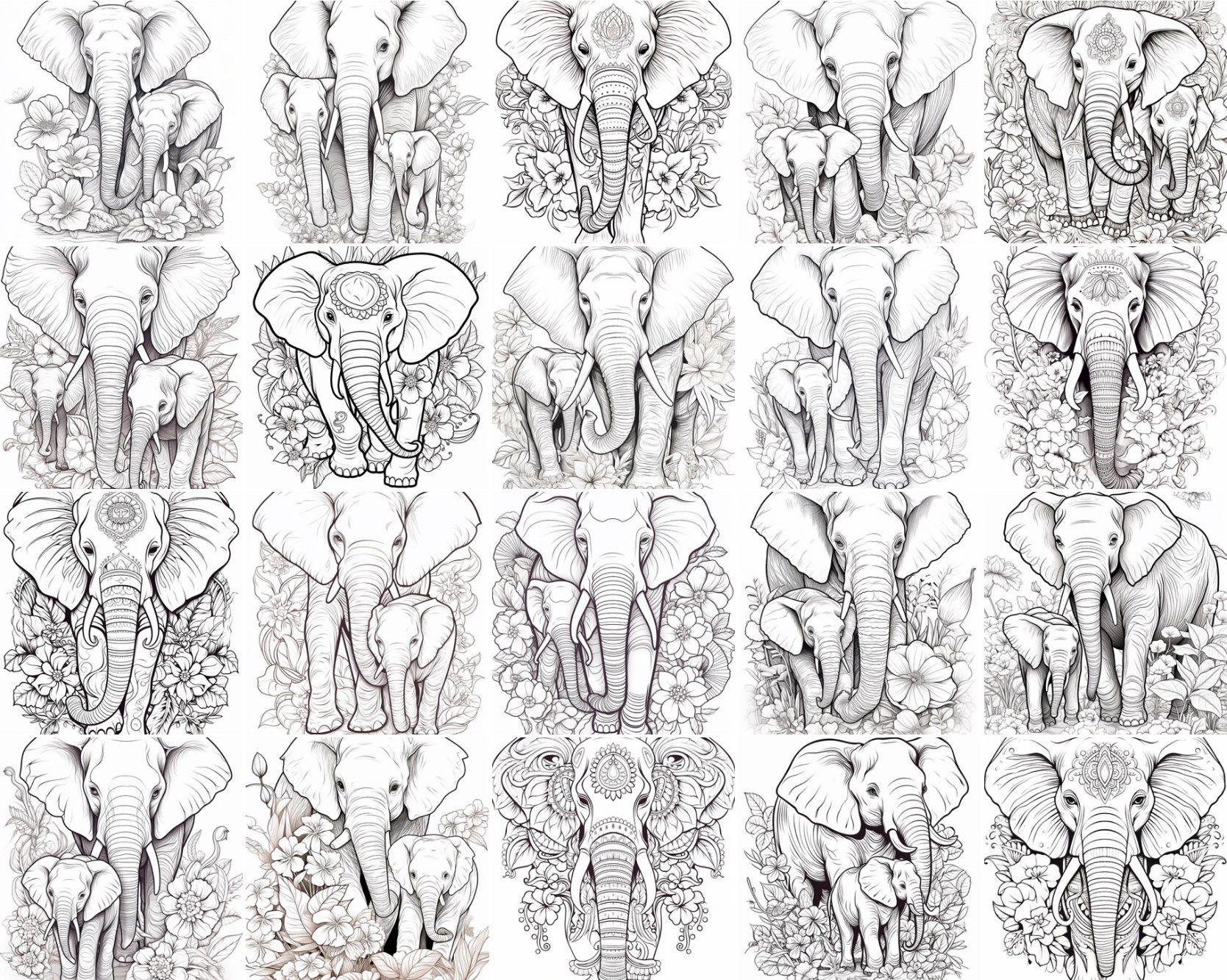 Elephants Coloring Book 20 Elephants Coloring Pages Instant Download ...