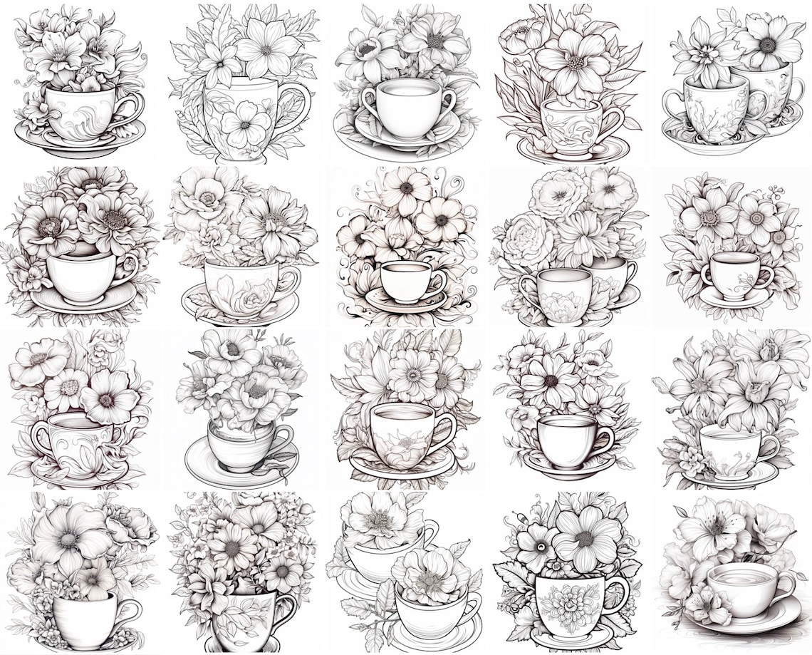 Tea Cup Coloring Book 20 Tea Coloring Pages Instant Download Floral Tea ...