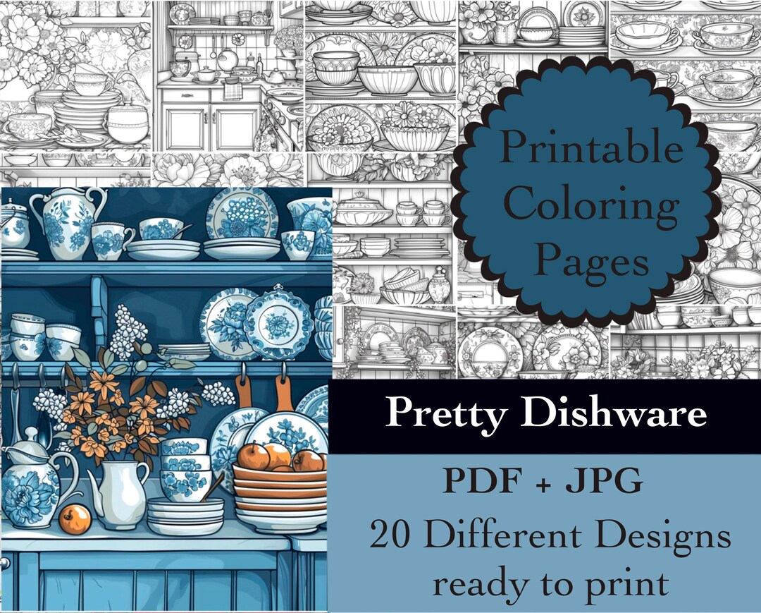 Pretty Dishes Coloring Book 20 Coloring Pages Instant Download Cooking ...