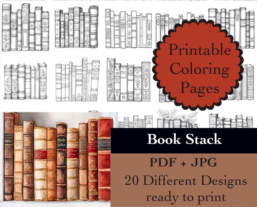 Book Stack Coloring Book: 20 Reading Books Printable Pages (digital ...