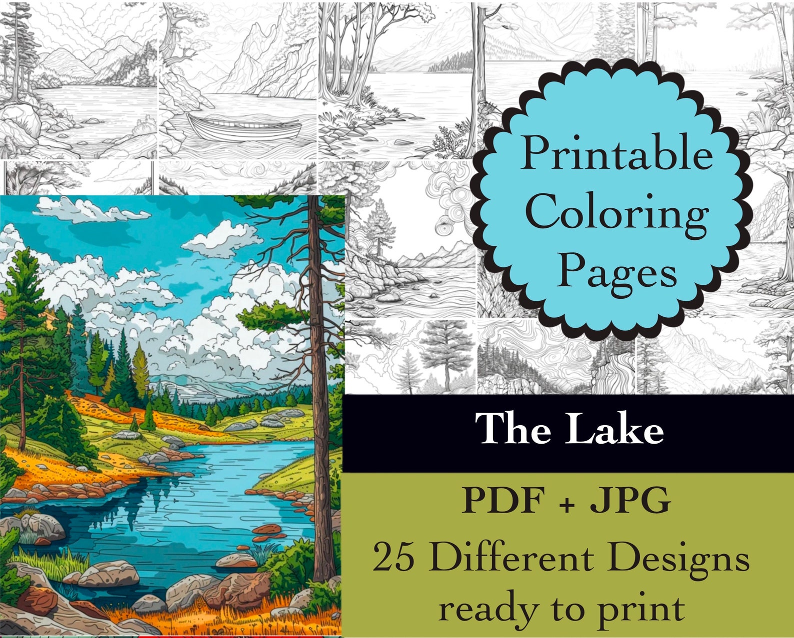Lake Coloring Book: 20 Outdoor Nature Designs (PDF & JPG) - Etsy
