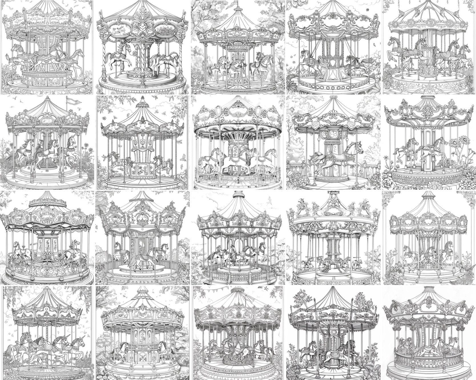 Carousel Coloring Book 20 Horse Carousel Coloring Pages Instant ...