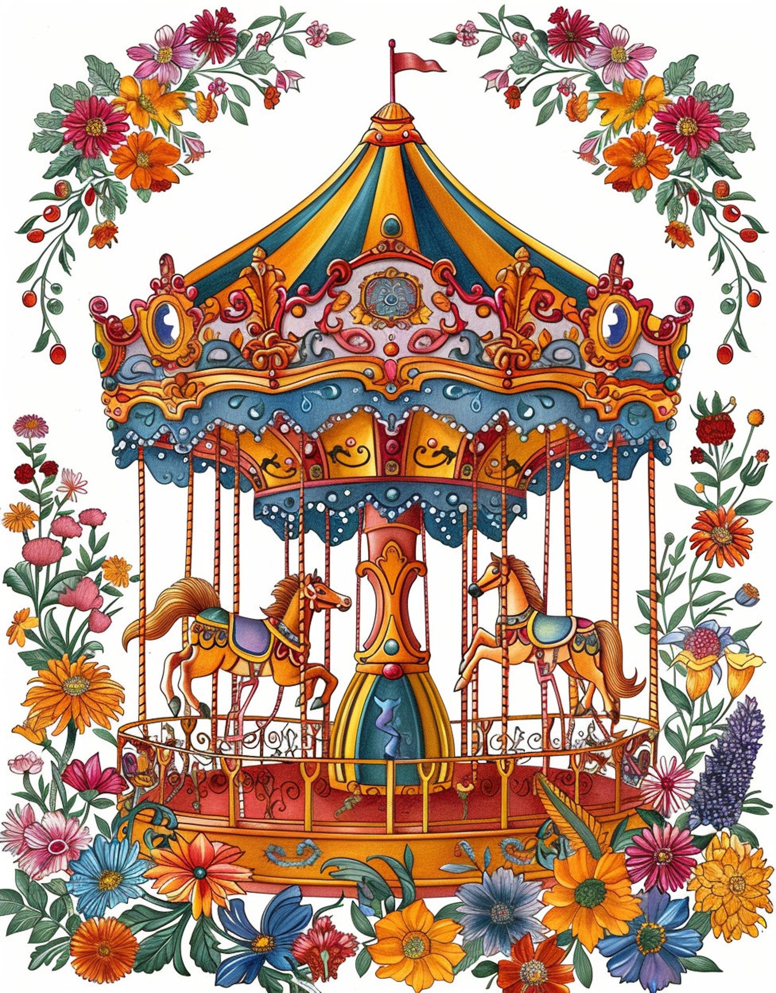 Carousel Coloring Book 20 Horse Carousel Coloring Pages Instant ...