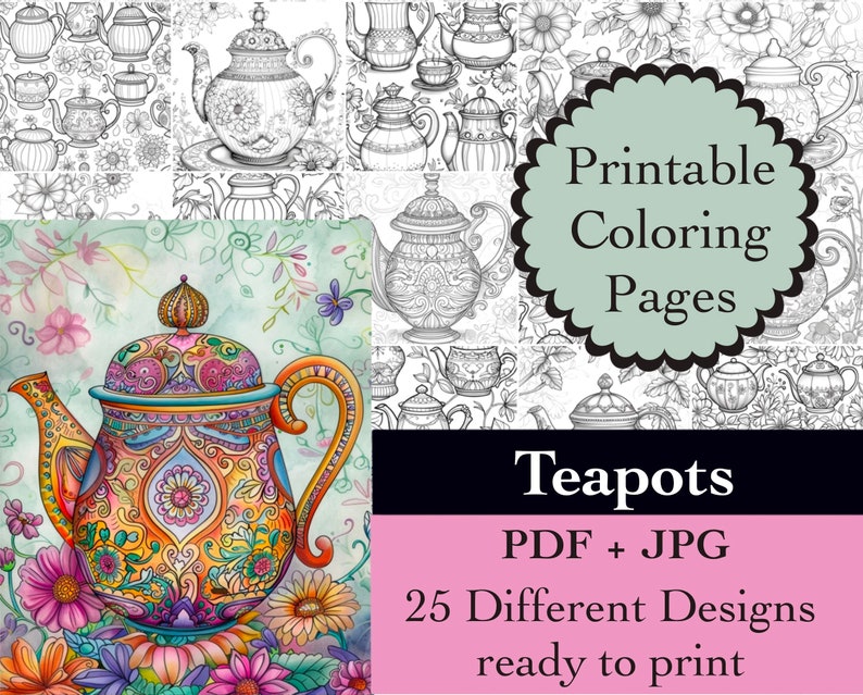 Teapot Coloring Book 20 Tea Coloring Pages Instant Download Floral ...