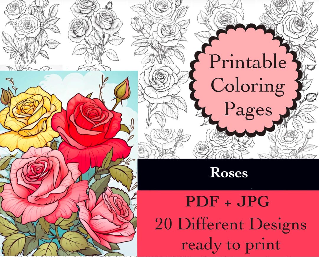 Rose Coloring Book: 20 Floral Line Art Pages (digital Download) - Etsy