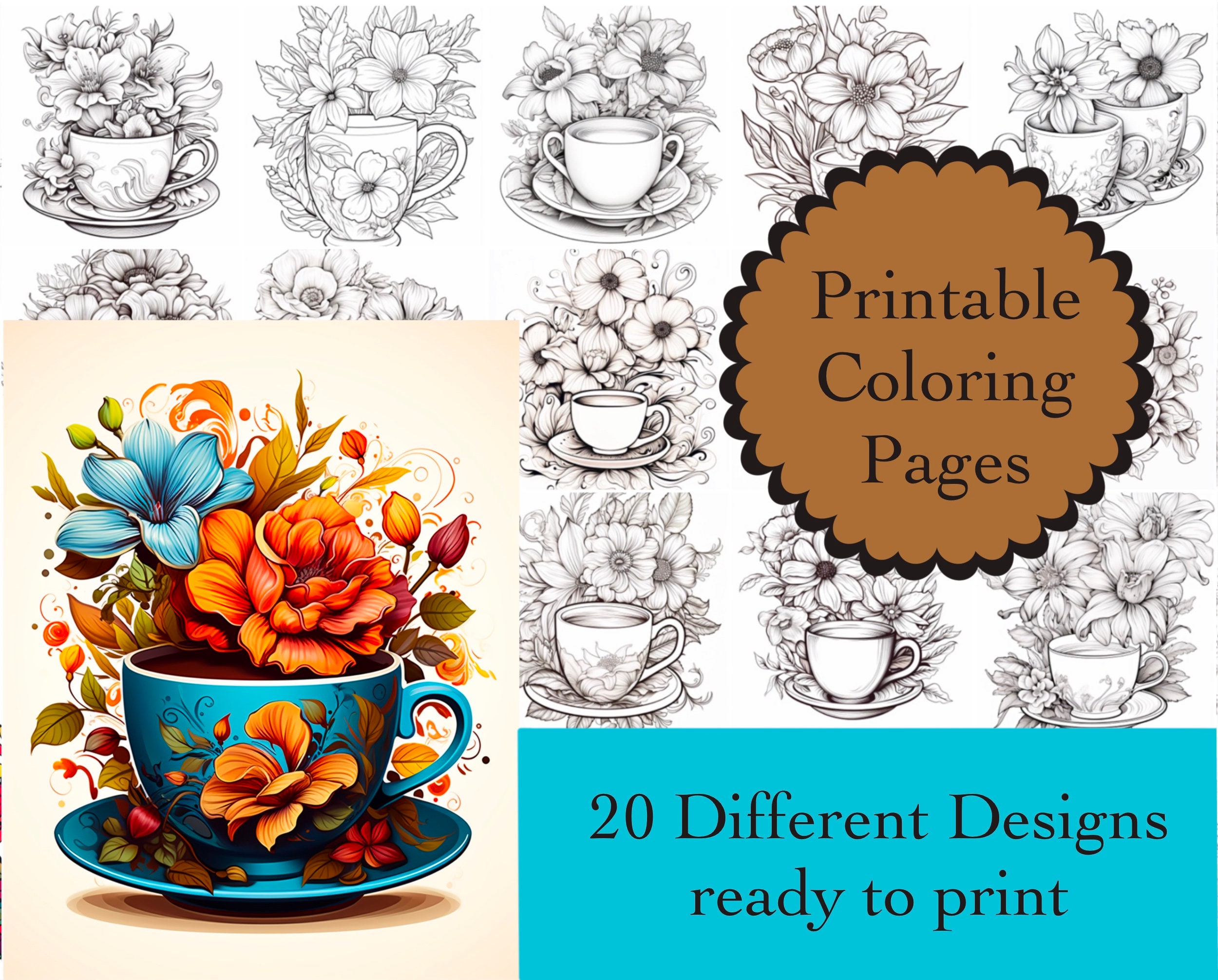 Tea Cup Coloring Book 20 Tea Coloring Pages Instant Download Floral Tea ...