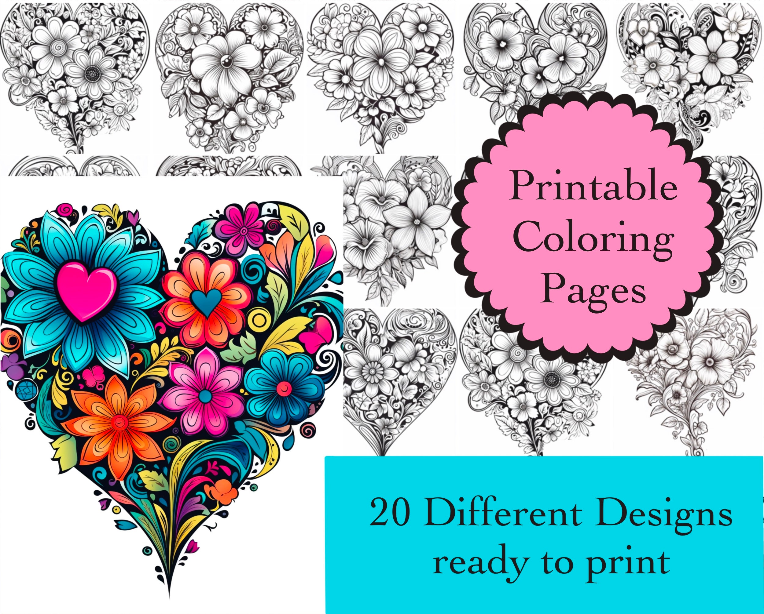 Heart Coloring Book 20 Heart Coloring Pages Instant Download Floral ...