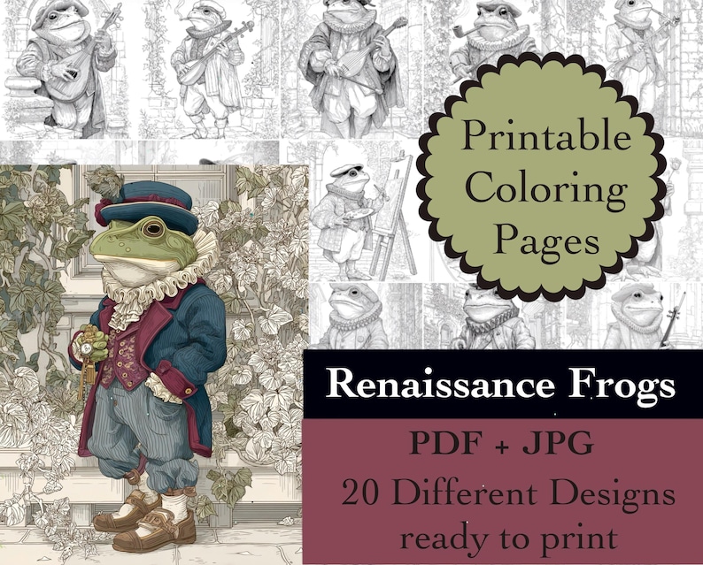 Renaissance Frogs Coloring Book: 20 Printable Animal Art Pages (digital ...