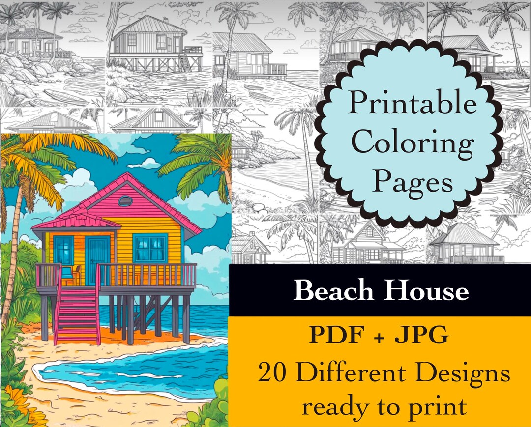 Beach House Coloring Book: 20 Vacation Line Art Pages (digital Download ...