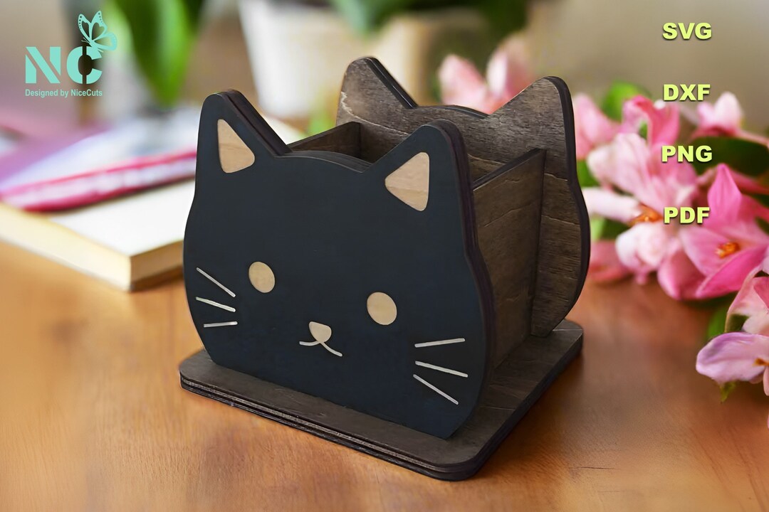 Cat Pen Holder Laser Cut File - Personalized Desk Organizer, Unique Cat ...