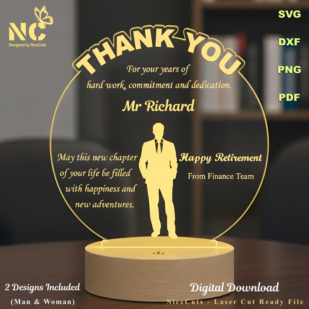 Personalized Retirement Gift SVG – Thank You Award for Him & Her, LED ...