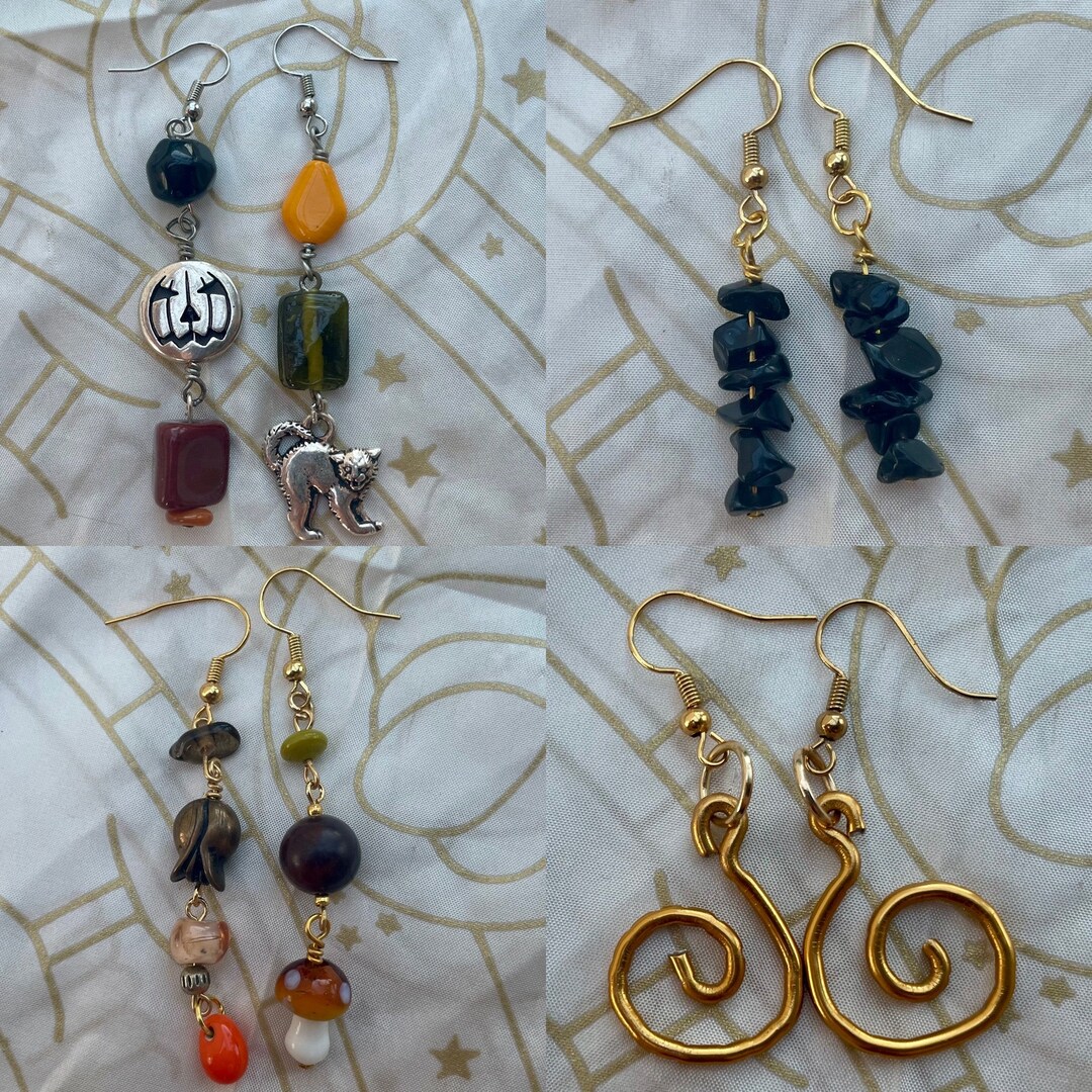 Black Tourmaline Stacked, Mismatch Cottage Core, Gold Spiral Earrings ...