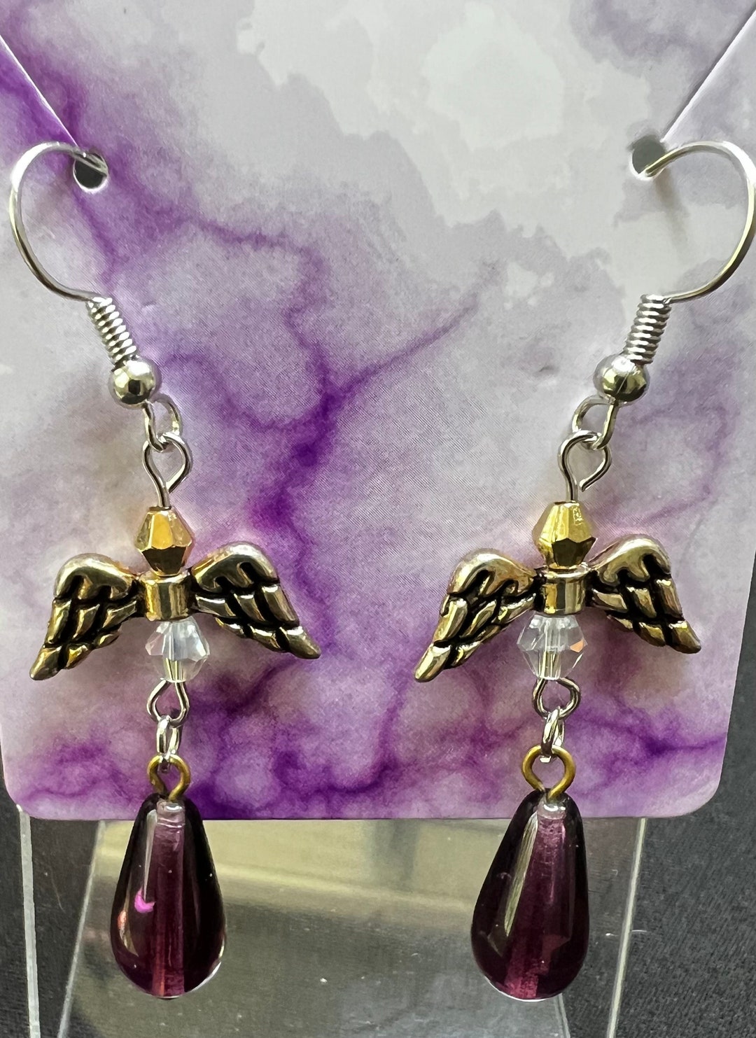 Silver With Crystal Beading, Silver Spread Angel Wings With a Purple ...