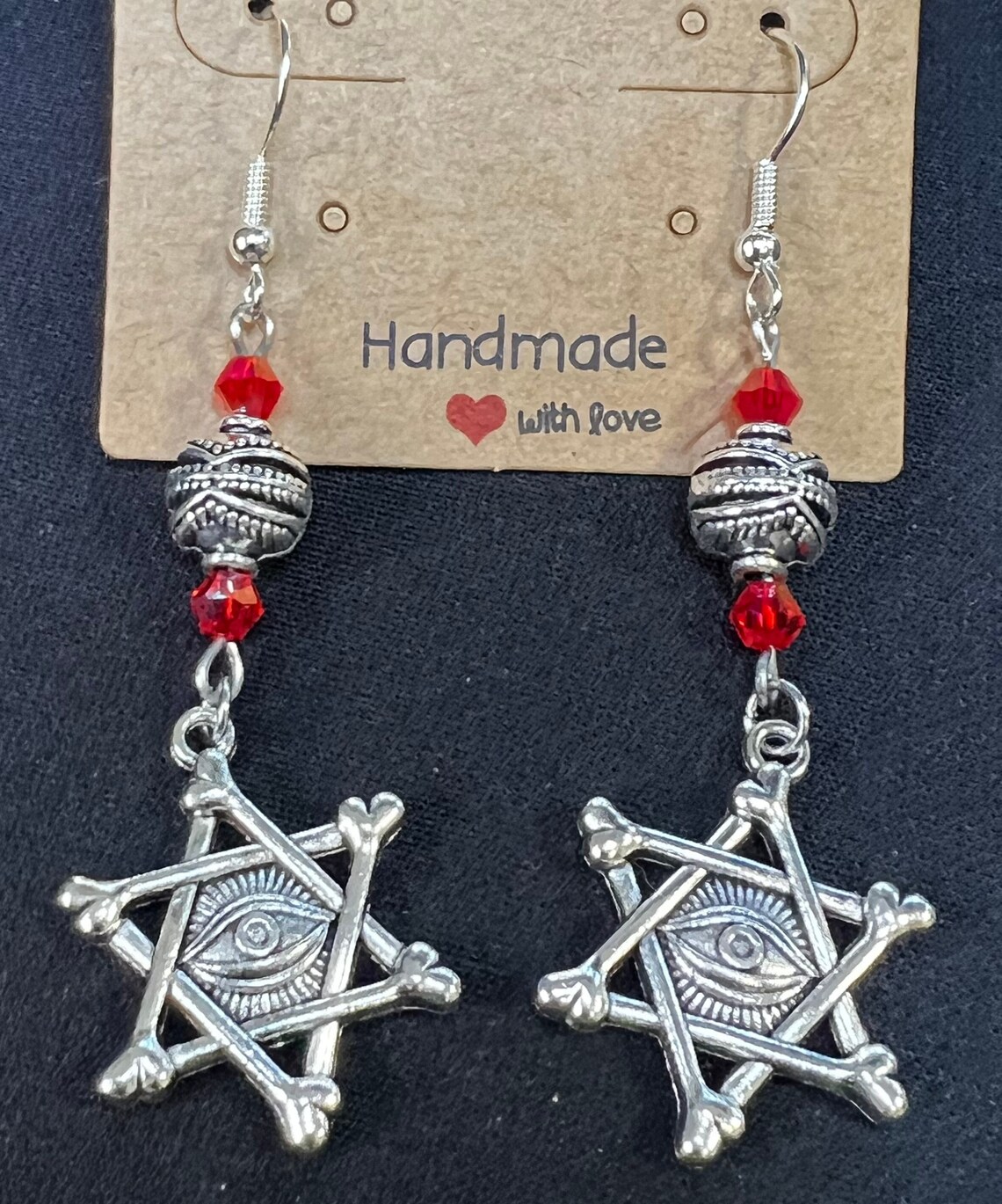 Red Striped Glass Beaded Evil Eye Ward Bone Framed Pentacle Dangle ...