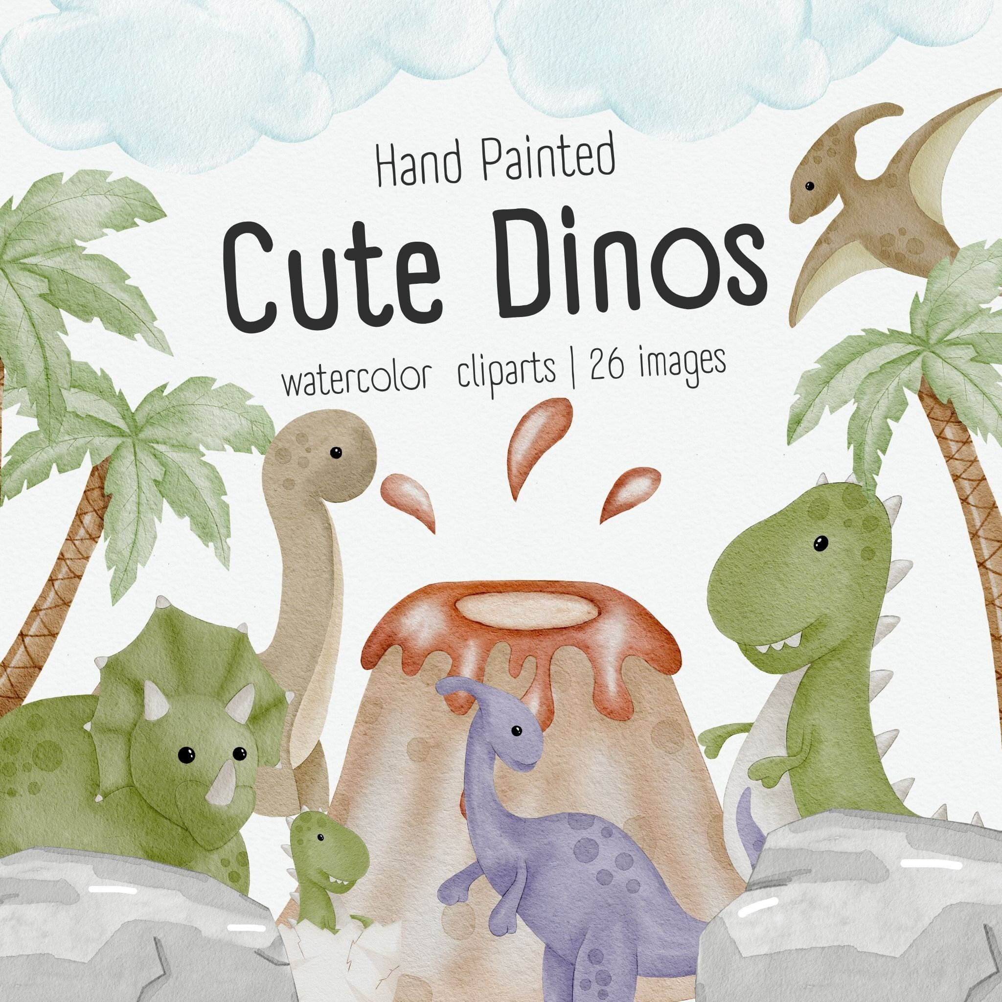 Hand Painted Dinosaurs Watercolor Clipart | Dino Clip Art | Nursery ...