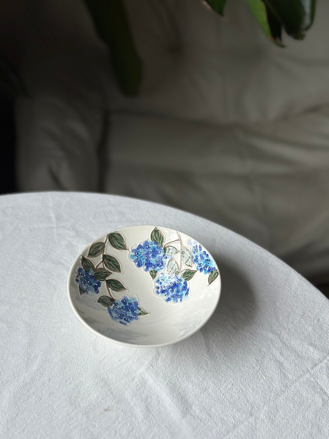 Handmade Pottery Bowl With Blue Hydrangea. Flower Ceramic Tableware ...