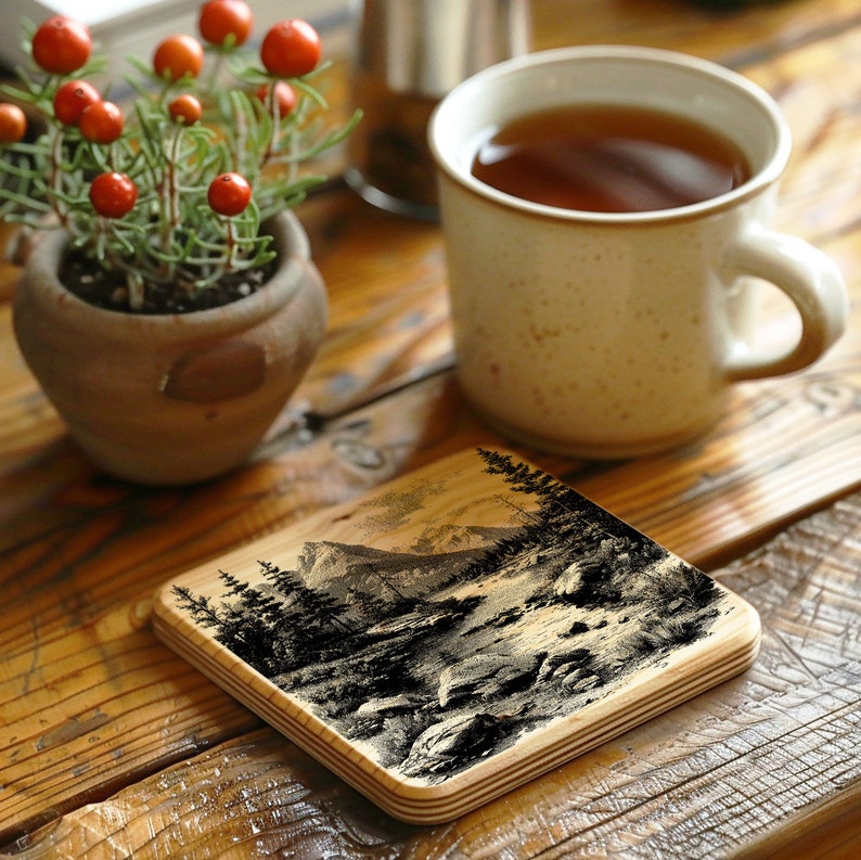Forest Mountain Lake Engrave File: Laser Cut Coaster Art (PNG) - Etsy ...