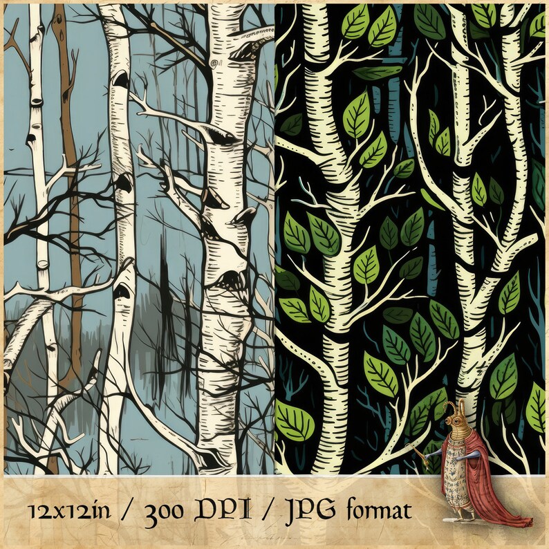 Medieval Birch Forest Seamless Patterns, Digital Paper, Woodcut ...