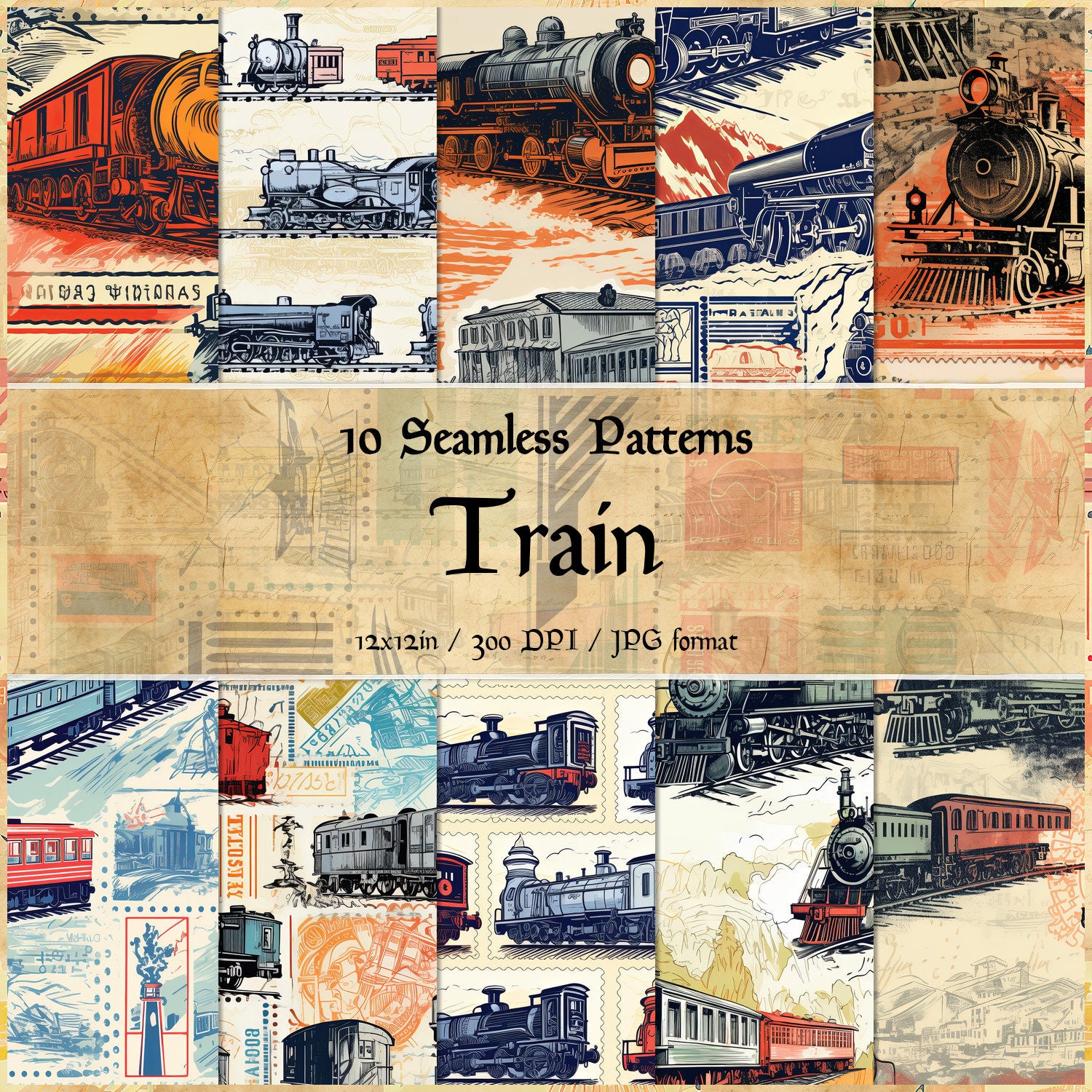 Stamp Train Seamless Patterns, Digital Paper, Stamp Patterns, Printable ...