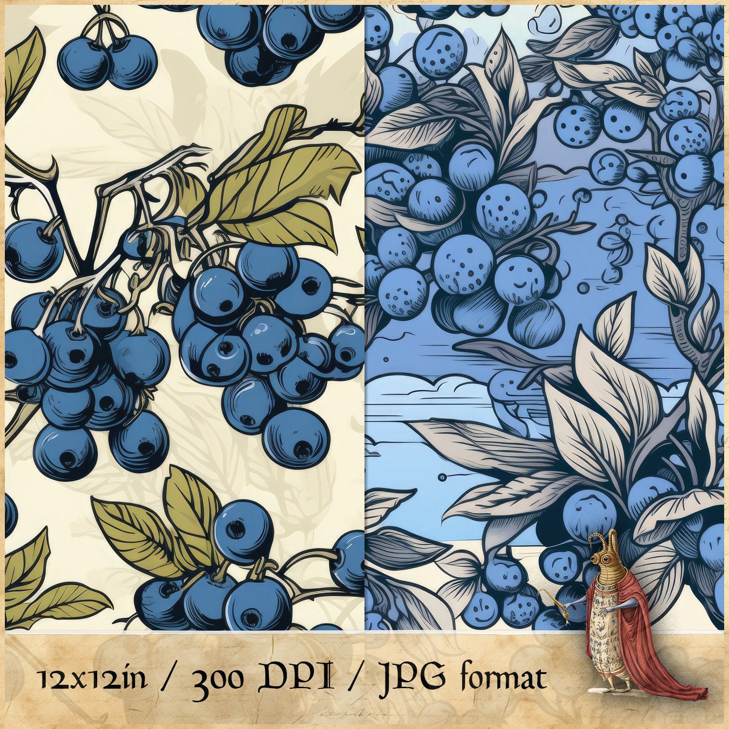 Medieval Blueberries Seamless Patterns, Digital Paper, Woodcut Patterns ...
