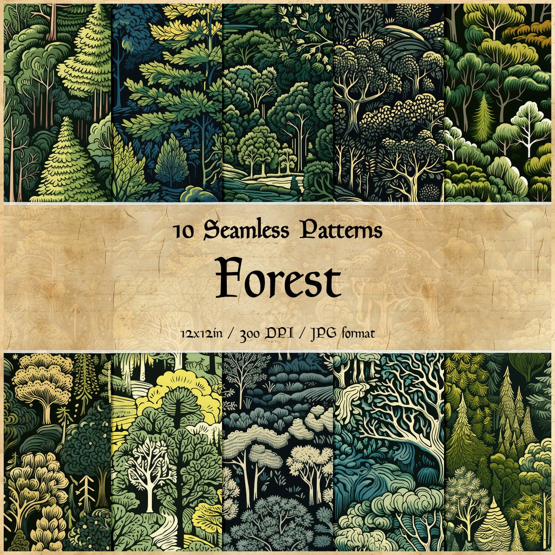 Medieval Forest Seamless Patterns, Digital Paper, Woodcut Patterns, Printable Scrapbook Paper ...