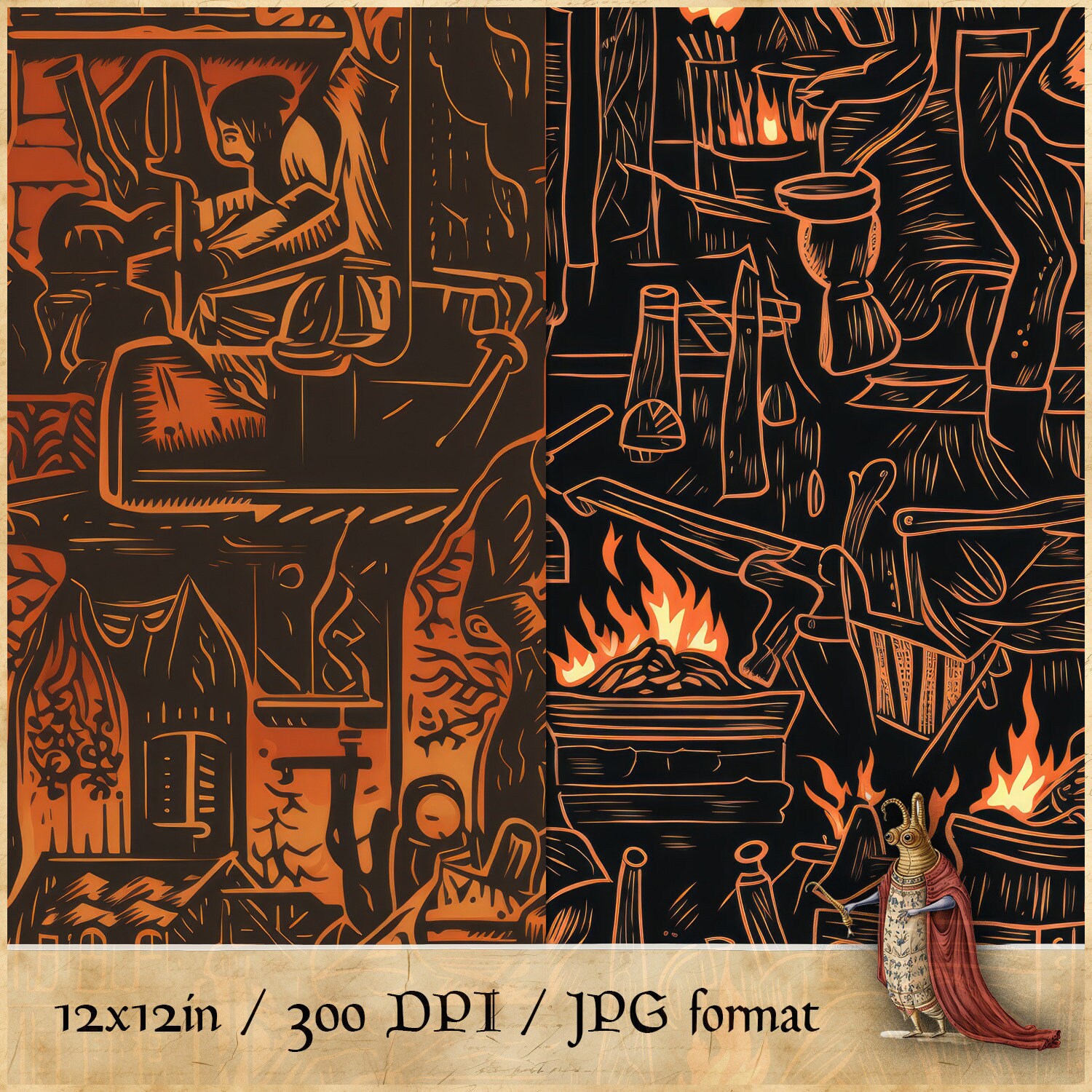 Medieval Blacksmith Seamless Patterns, Digital Paper, Woodcut Patterns ...