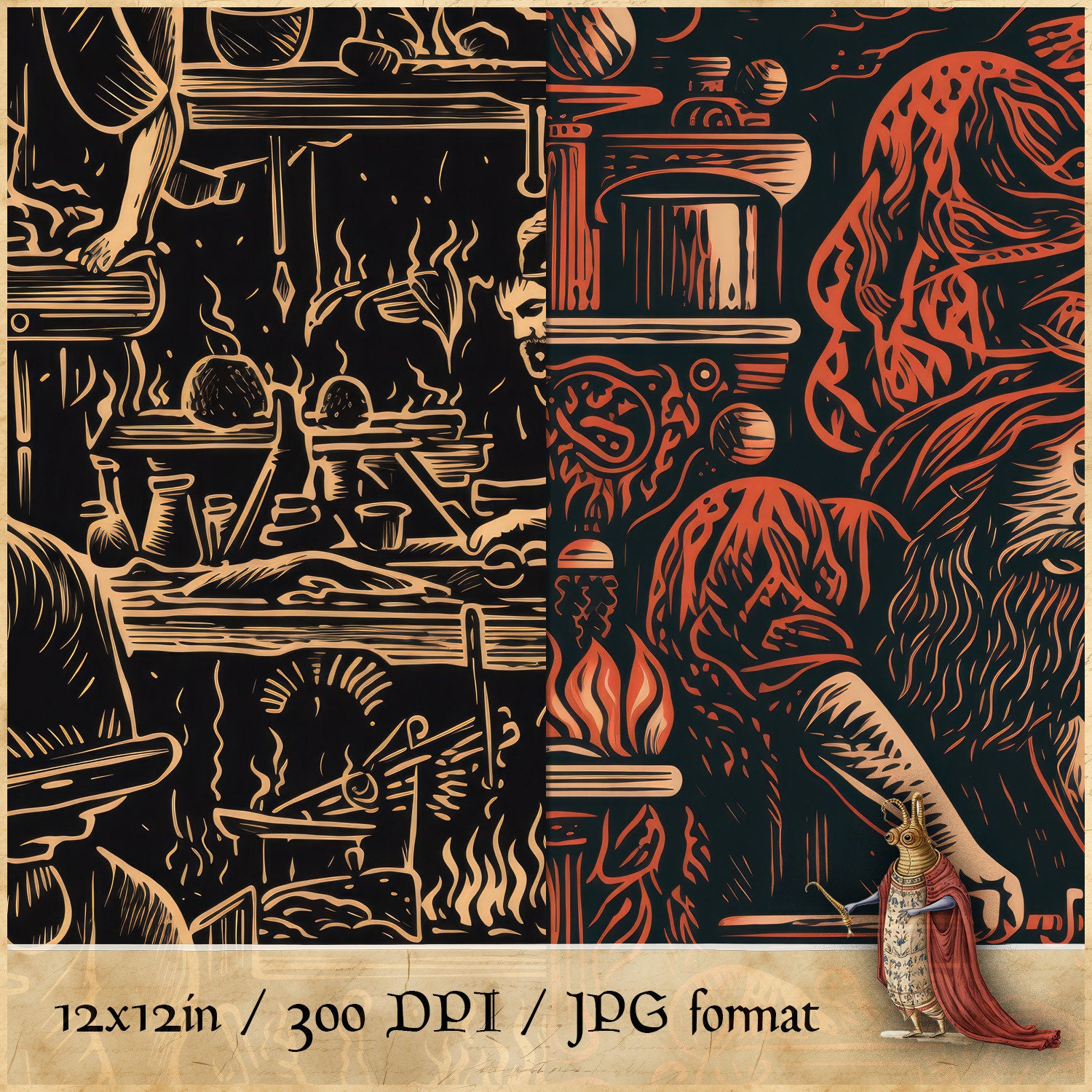 Medieval Blacksmith Seamless Patterns, Digital Paper, Woodcut Patterns ...