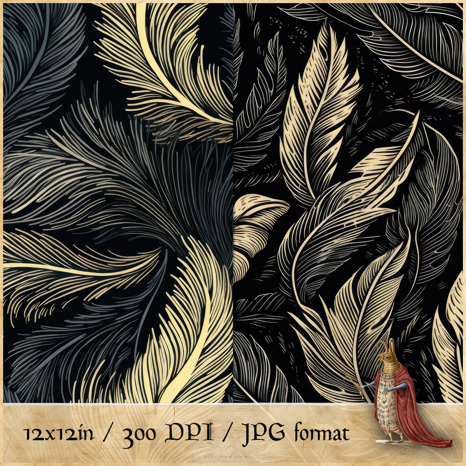 Medieval Feathers Seamless Patterns, Digital Paper, Woodcut Patterns ...