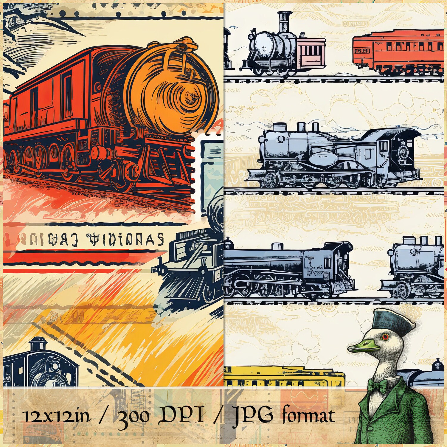Stamp Train Seamless Patterns, Digital Paper, Stamp Patterns, Printable ...
