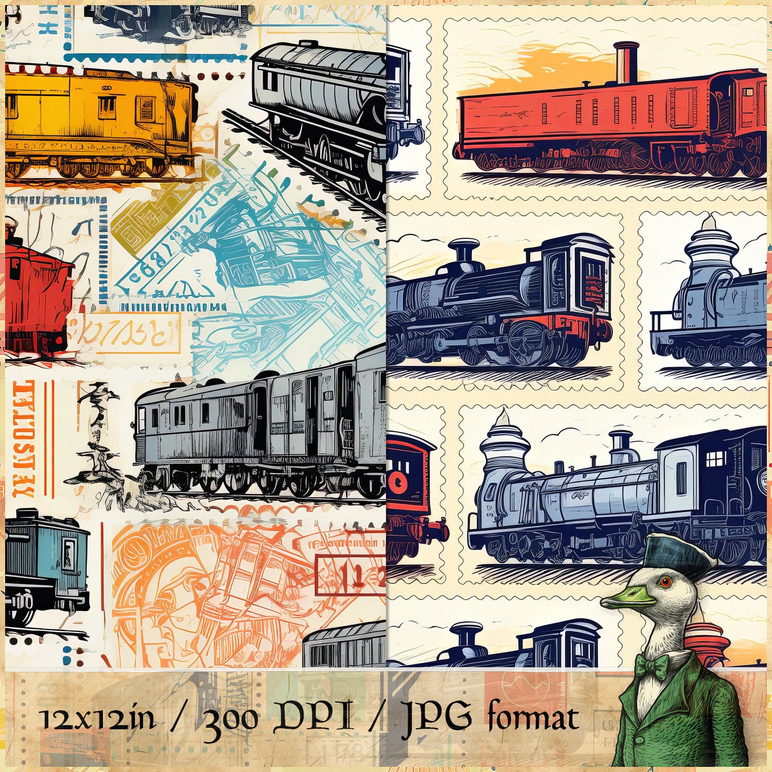 Stamp Train Seamless Patterns, Digital Paper, Stamp Patterns, Printable ...