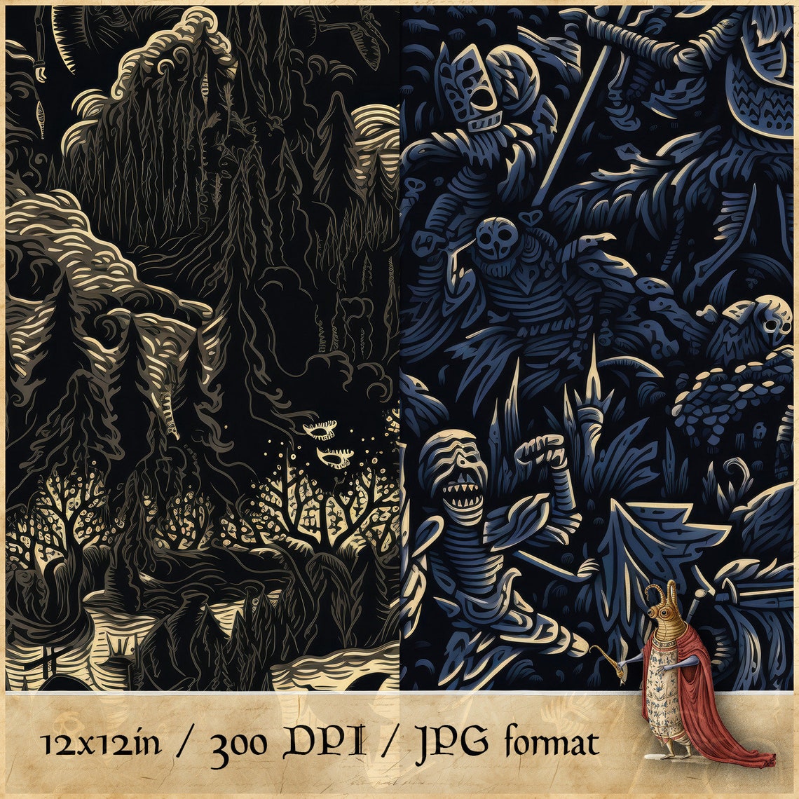 Medieval Nightmare Seamless Patterns, Digital Paper, Woodcut Patterns ...
