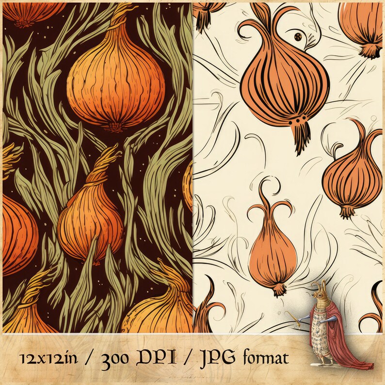 Medieval Onion Seamless Patterns, Digital Paper, Woodcut Patterns ...