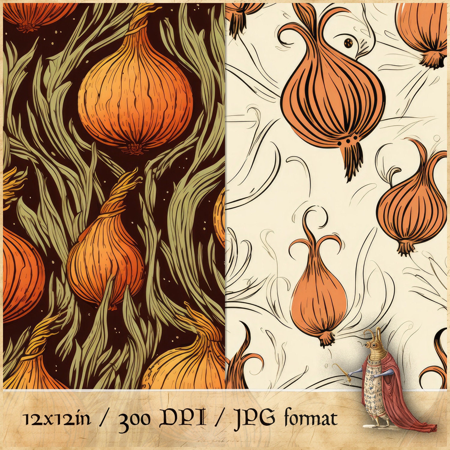 Medieval Onion Seamless Patterns, Digital Paper, Woodcut Patterns ...