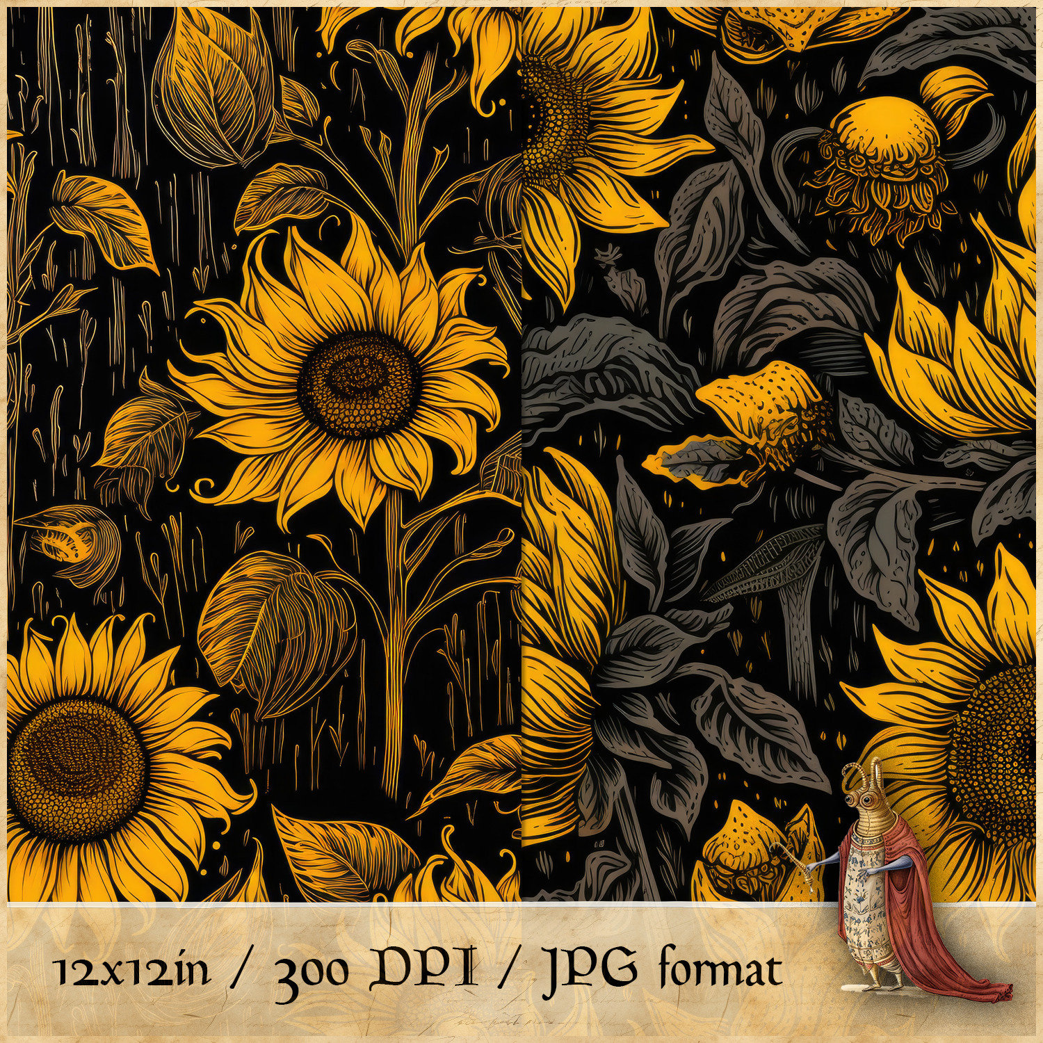 Medieval Sunflower Patterns, Digital Paper, Woodcut Patterns, Printable ...