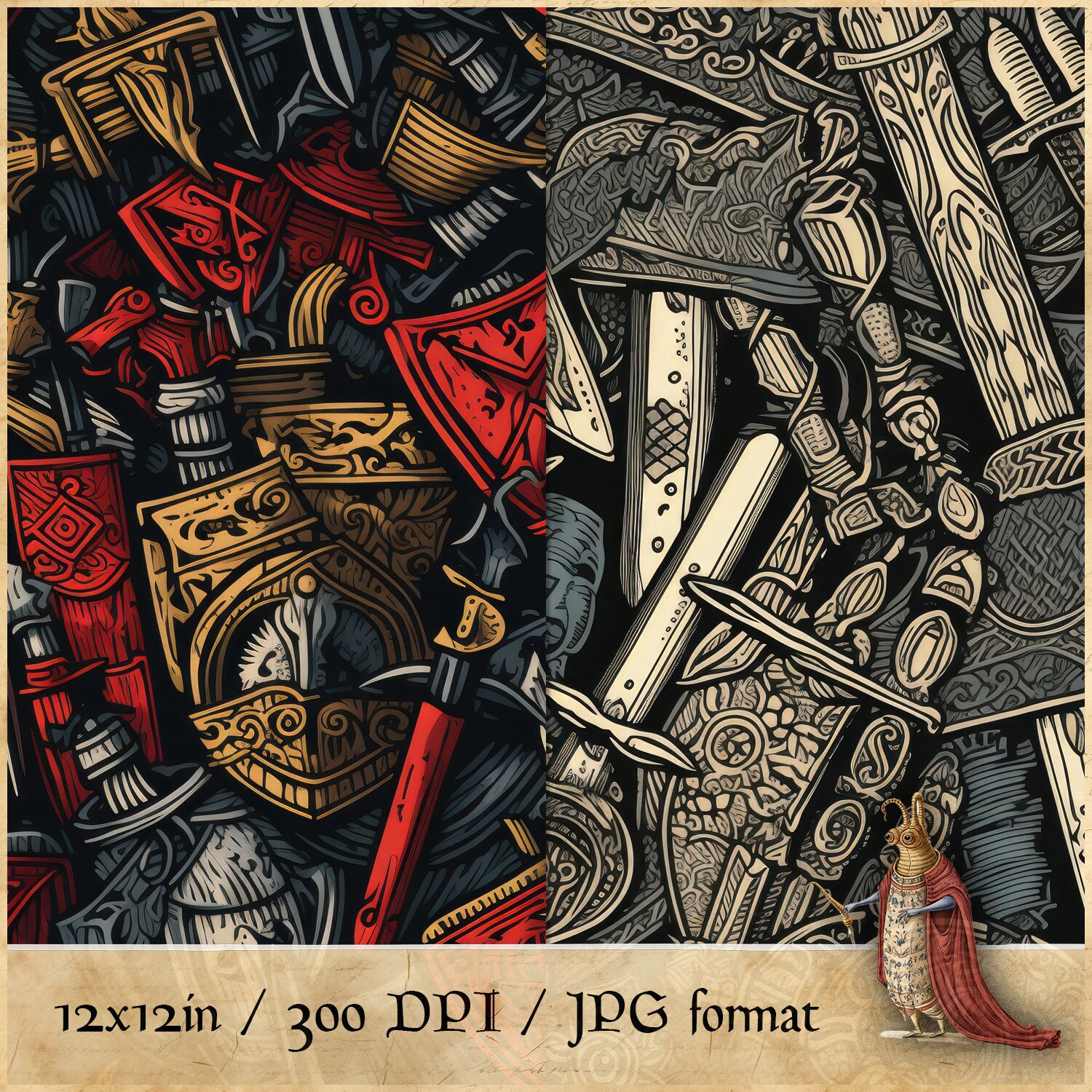 Medieval Swords and Shields Seamless Patterns, Digital Paper, Woodcut ...