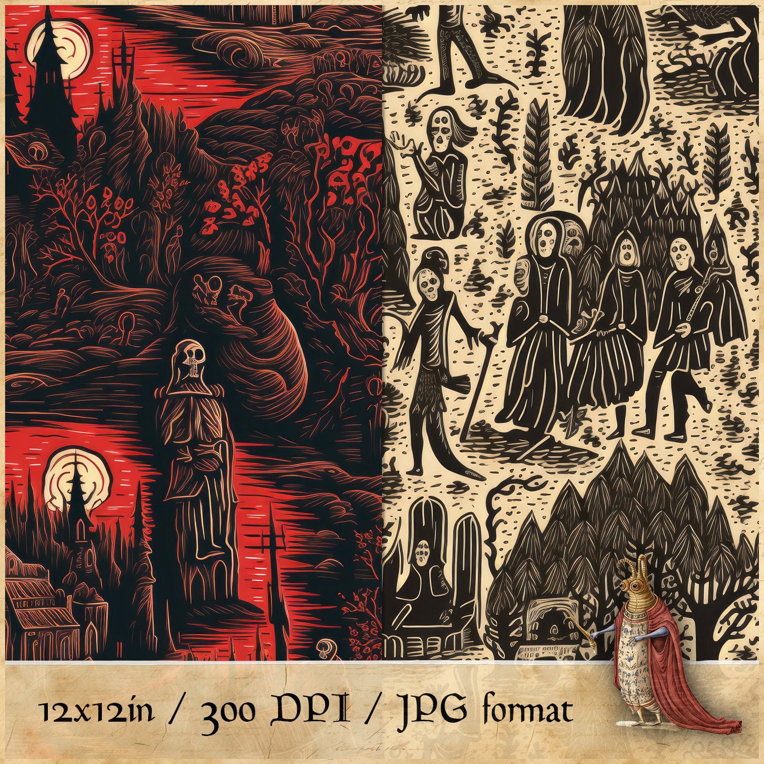 Medieval Fears Seamless Patterns, Digital Paper, Woodcut Patterns ...