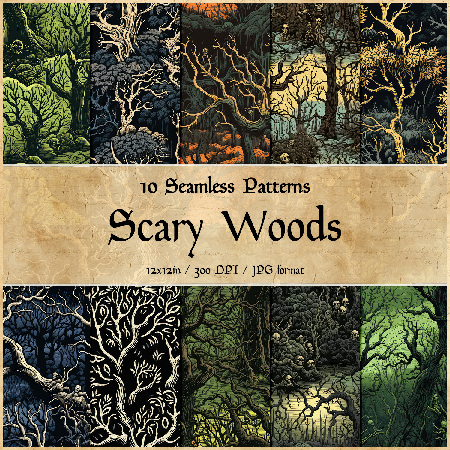 Medieval Scary Woods Seamless Patterns, Digital Paper, Woodcut Patterns ...