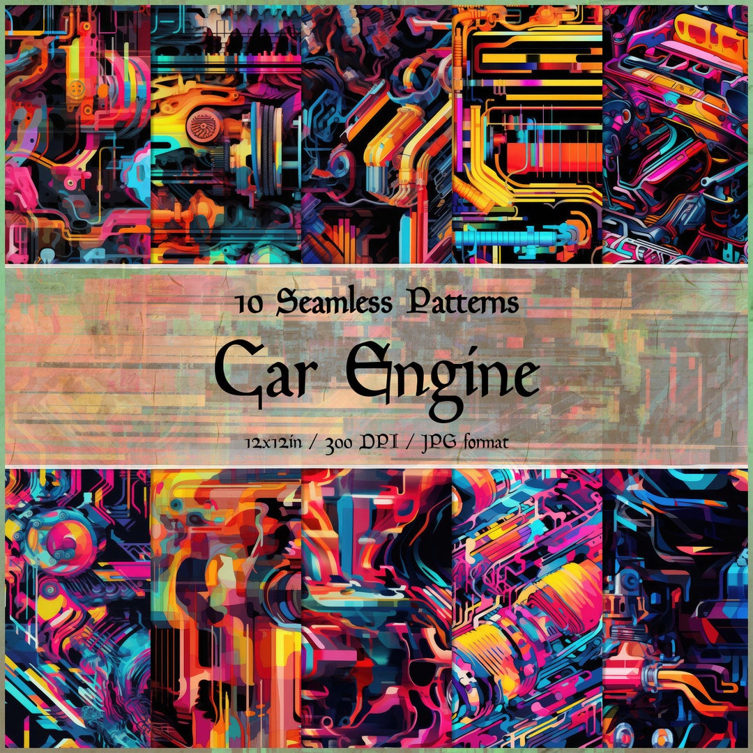 Glitch Art Car Engine Seamless Patterns, Digital Paper, Scifi Patterns ...